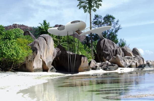 Jungle House: refugio elevado de diseño biónico. Colocado entre árboles