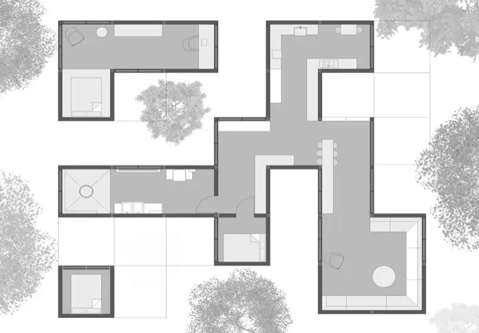 Moduu: casa modular con elementos cuadrados y grandes huecos